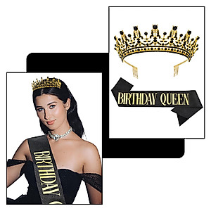 GAFATORY Black Gold Birthday Queen Crown and Sash for Women Princess Tiara and Sash for Girls