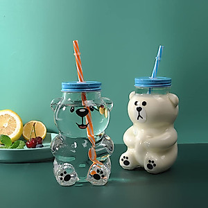 Kawaii Bear Sippy Cup 19oz Clear Bear Glass Cup with Lid and Straw Cute Kawaii Bear Glass Bottle Mug for Juice Milk Tea Smoothies Infused Water Beverage Food Grade Microwave Safe (Smiling Bear)