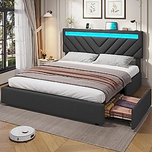 ADORNEVE Full Size LED Bed Frame with 4 Drawers, Platform Bed Frame with 2 USB Charging Station, Upholstered Bed with Storage, No Box Spring Needed, Easy Assembly, Dark Grey