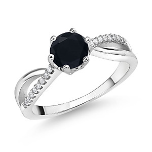 Gem Stone King 925 Sterling Silver Round Onyx and White Moissanite Ring For Women (0.88 Cttw, Gemstone Birthstone, Available In Size 5, 6, 7, 8, 9)