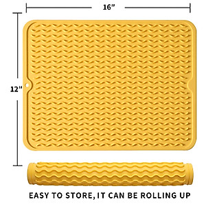 MicoYang Silicone Dish Drying Mat for Multiple Usage,Easy clean,Eco-friendly,Heat-resistant Silicone Mat for Kitchen Counter or Sink,Refrigerator or drawer liner Yellow L 16 inches x 12 inches