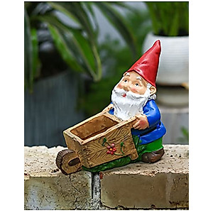 Cliocoo Garden Gnome Statue Planter-Funny Resin Gnome Figurine Holding a Wheelbarrow, Fairy Garden Gnome, Outdoor Décor for Home Lawn Yard Patio, 5.9 Inch (Gnome Holding Wheelbarrow)