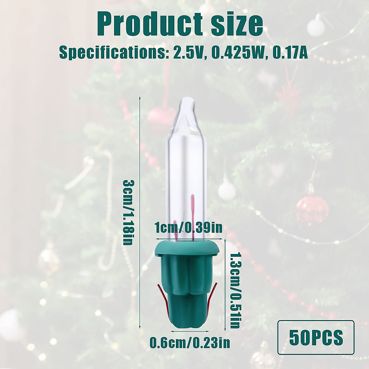 50pcs Christmas Tree Light Bulbs, 2.5 Volts / 0.425 Watt / 0.17 Ampere Christmas Mini Light Bulbs Replacement Incandescent Mini Light Bulbs for Indoor Outdoor Decor