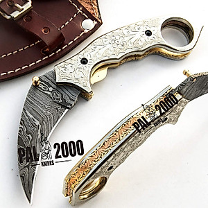PAL 2000 KNIVES POC-9517 Handmade Damascus Steel Folding Pocket Knife Engraved Steel Handle with Sheath