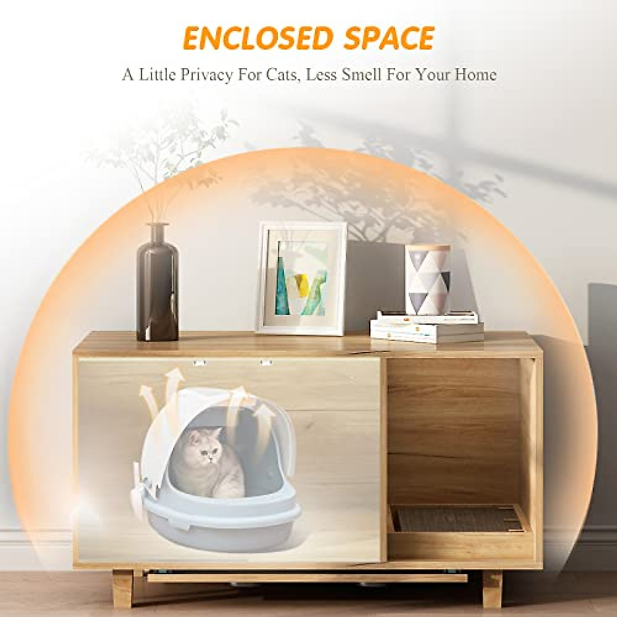 DMIDYLL Extra Large Cat Litter Box Enclosure Houses with Cat Food Bowls and Scratch Pad for Indoor Cats, Hidden Cat Litter Box Furniture Cabinet, Cat Washroom, Modern Cat Home Nightstand