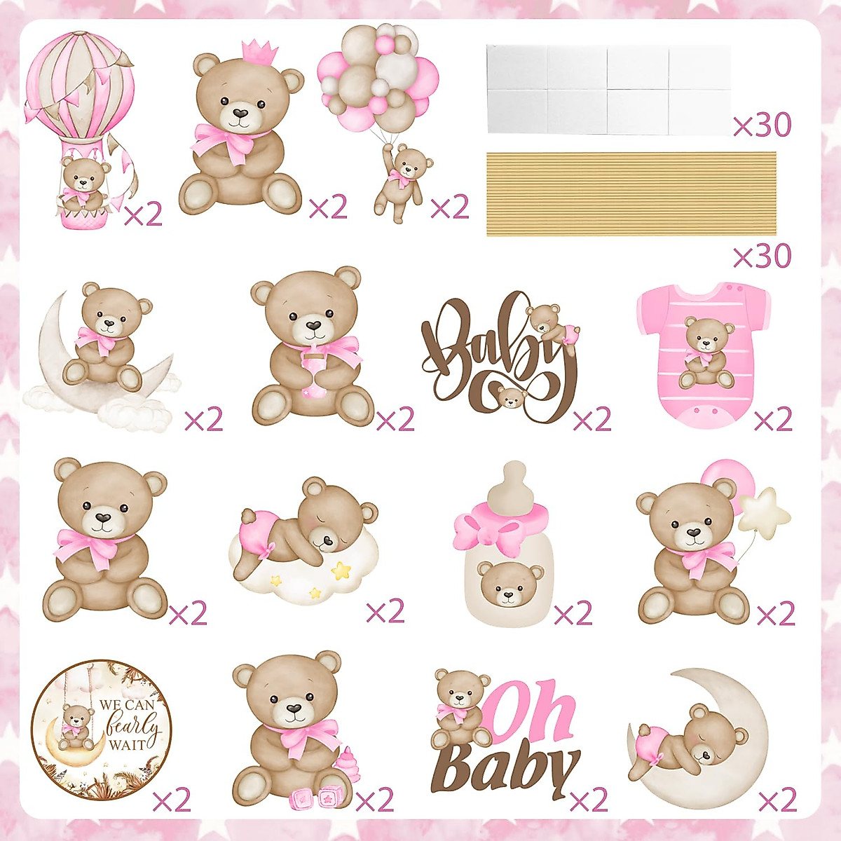 30Pcs Pink Bear Centerpiece Sticks We Can Bearly Wait Baby Shower Decorations Teddy Bear Table Toppers Bear Baby Shower Decorations Bear Centerpieces for Table Girls Baby Shower Supplies