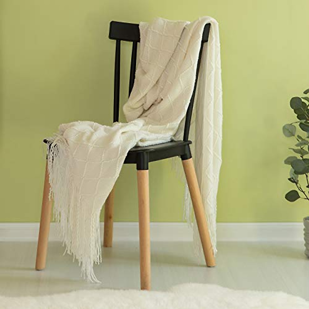 Decorative Diamond Pattern Knit Throw Blanket with Fringe, White