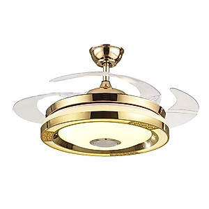 TFCFL 42'' Modern Music Ceiling Fan with Light, Invisible Smart Chandelier Fan with Bluetooth Player Remote Control 4 Retractable Blades 3 Colors for Dining Room Bedroom (Gold)