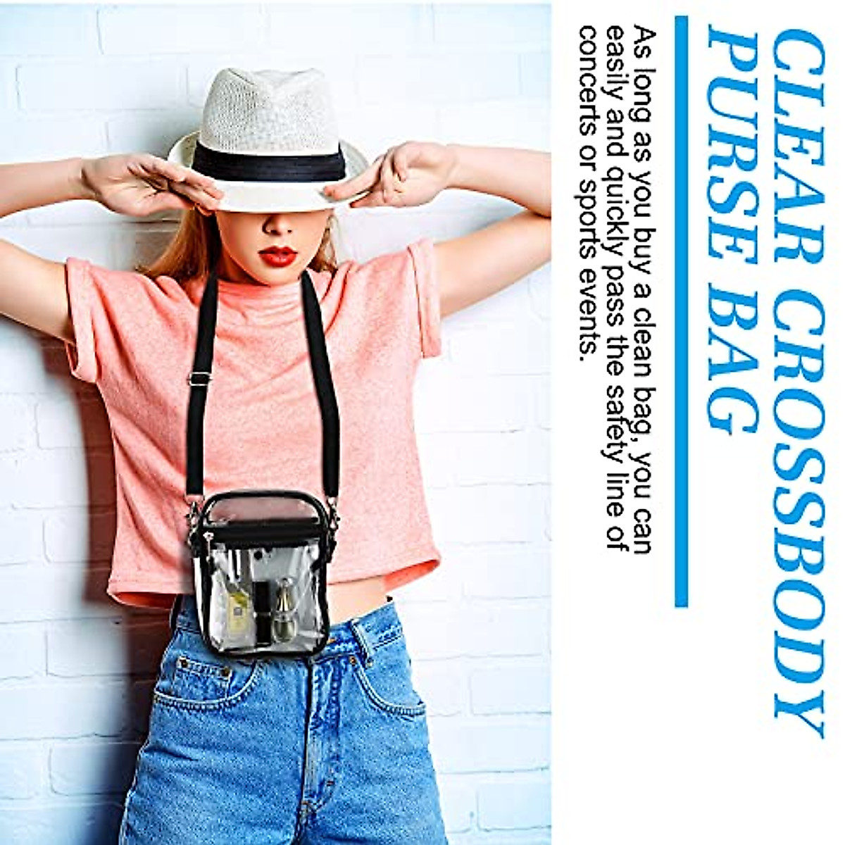 2 Pcs Clear Crossbody Purse Bag Stadium Approved Bag Transparent Shoulder Bag for Sports Games Concerts and Festivals (Black)