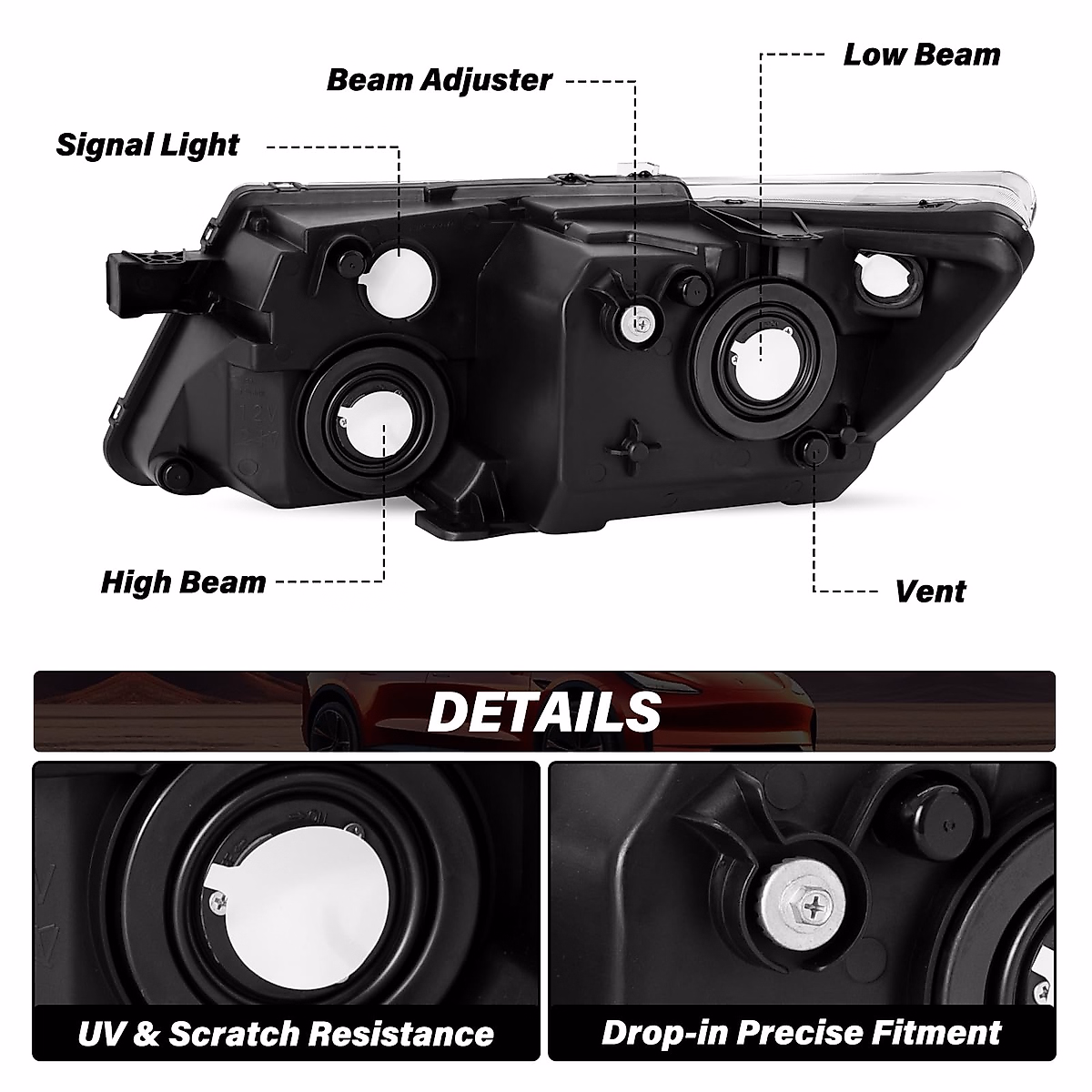 Bingbingmotor BRYGHT Headlight Assembly Fit for 09-20 Dodge Journey Passenger and Driver Side Halogen Replacement OE Headlamp Black Housing with Clear Reflector