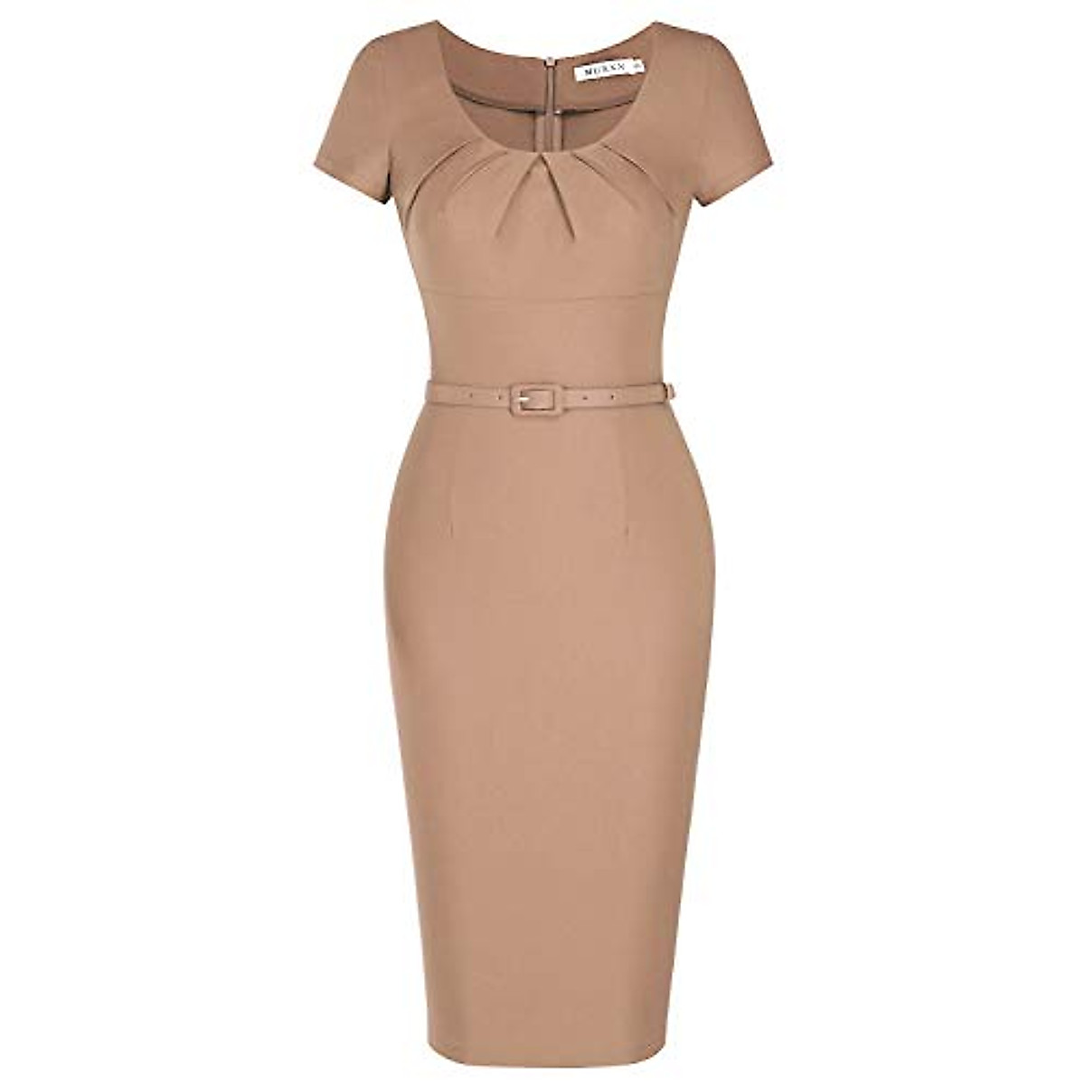 MUXXN Lady Formal Pleated Neckline Slim Sheath Bodycon Prom Vintage Tea Dress (Camel XL)