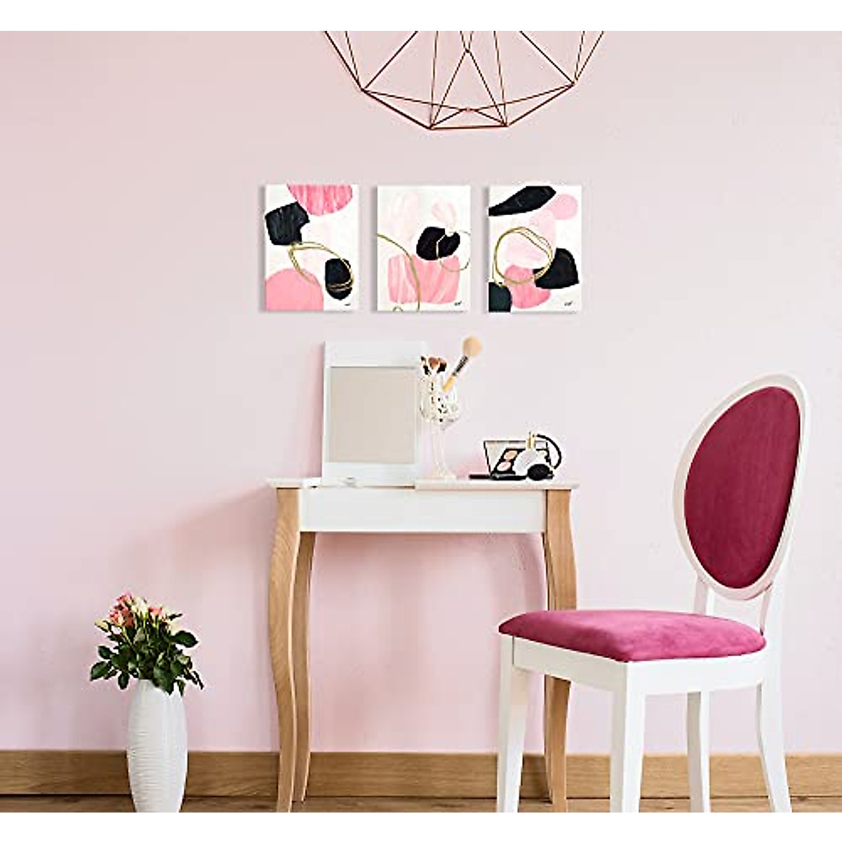 B BLINGBLING 3 Framed Pink Wall Decor: Blush Pink and Black Room Decor Black Pink Gray Gold White Abstract Canvas Art for Girls Bedroom Bathroom Office Living Room Home Decorations 12"x16"x3 Panels