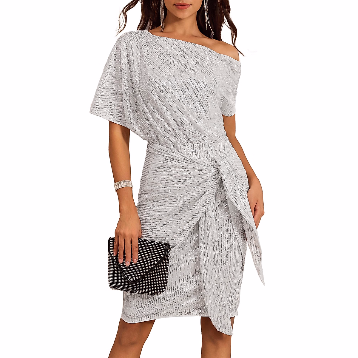 GRACE KARIN Cocktail Dresses for Women Sexy Sequin Sparkle Gitter Bodycon Dress Silver L