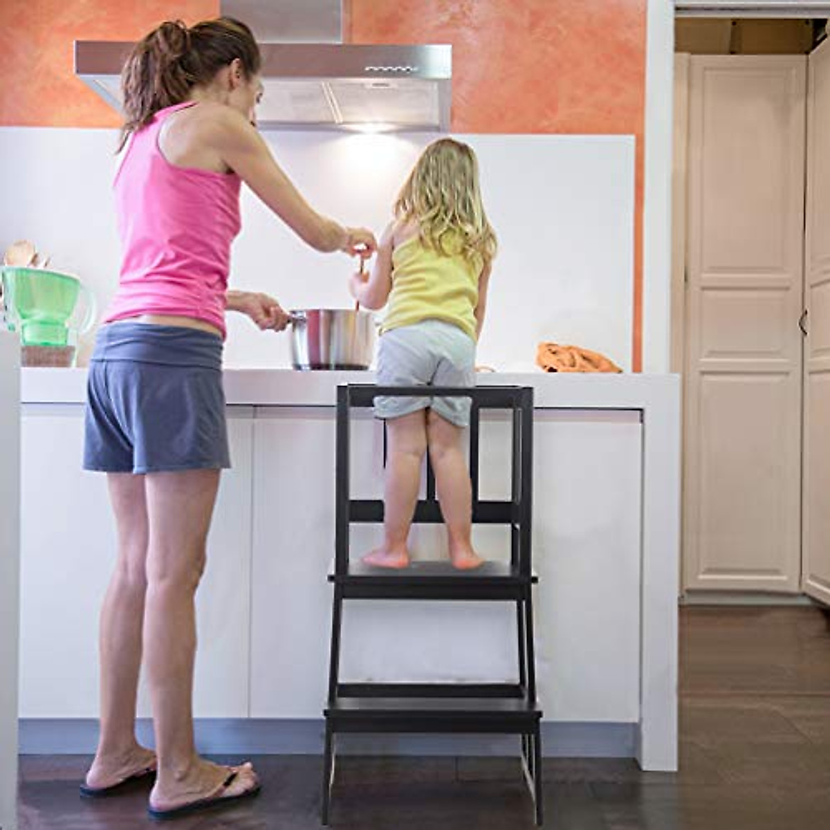 SUNYAO Kids Kitchen Step Stool with Safety Rail - Bamboo Step Stool for Toddlers Age 18 Months and Older, Black Color