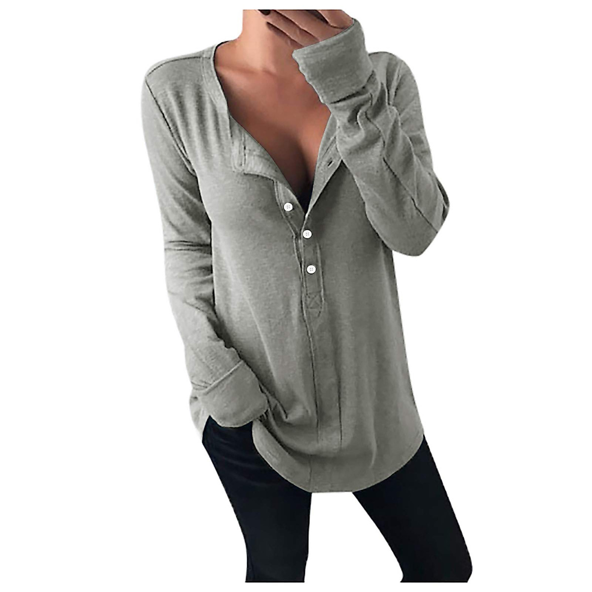 Aniywn Women's Ladies Thin Long Sleeve Tunic T-Shirt Baggy V-Neck Buttons Pure Color Tee Pullover Blouse Gray