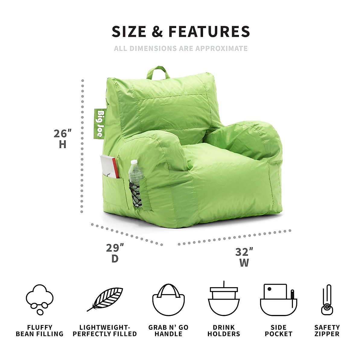 Big Joe Dorm Bean Bag Chair with Drink Holder and Pocket, Spicy Lime Smartmax, Durable Polyester Nylon Blend, 3 feet