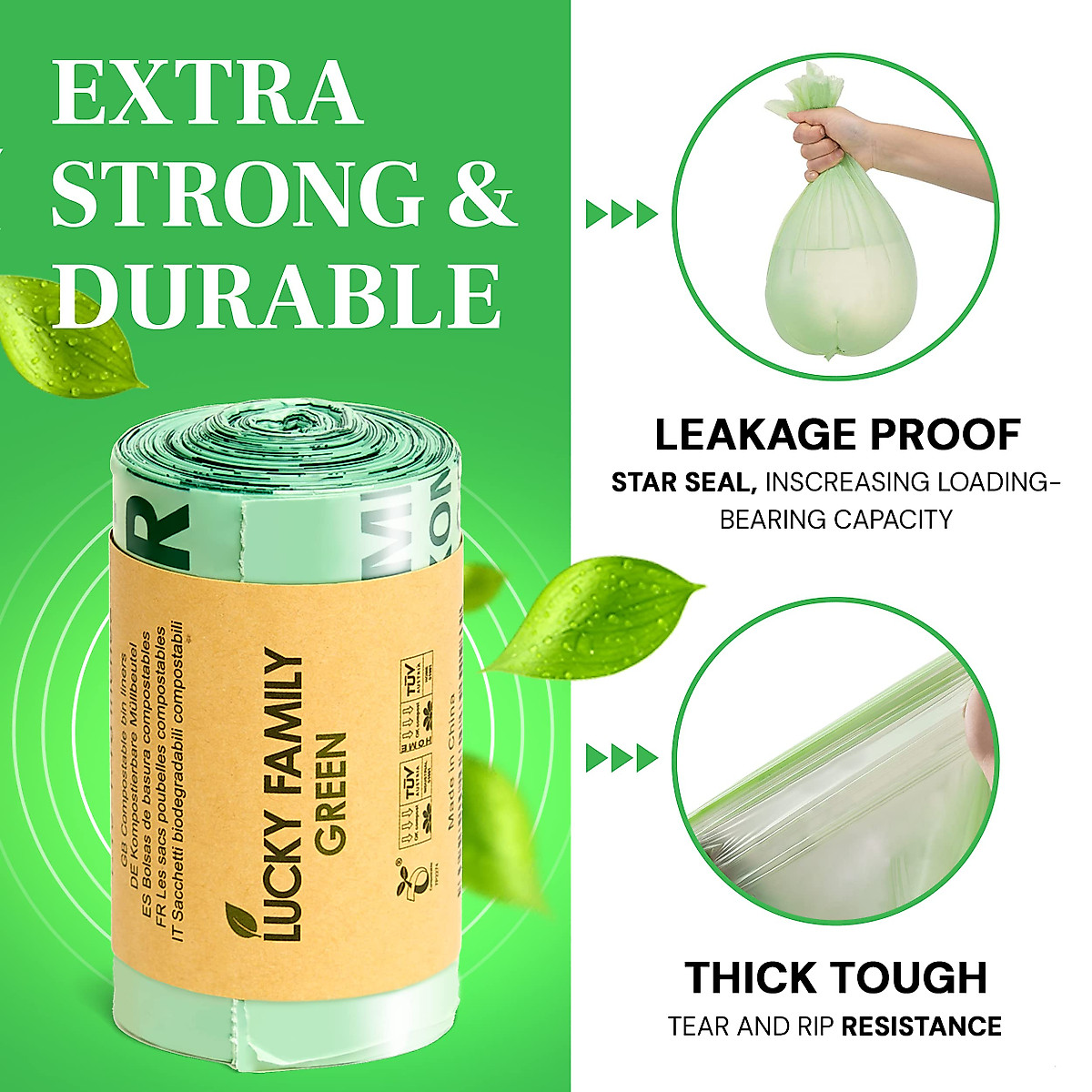Lucky Family Green Compost Bags for Kitchen Countertop Bin -1.3 gallon trash bags to 1.6 Gallon trash bags - 100% Compostable Trash Bags for Food Waste, Organic Biodegradable Bags
