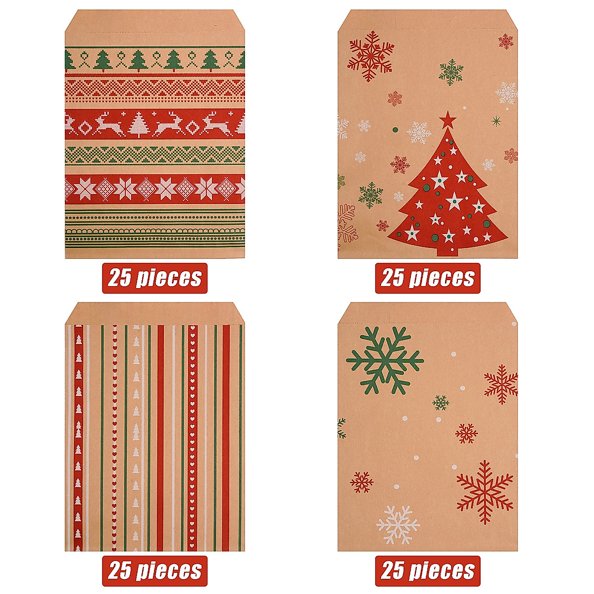 100 Pieces Christmas Kraft Treat Bags Christmas Goody Bags Kraft Holiday Paper Gift Bags Buffet Paper Bags for Christmas Party Favor,4 Styles