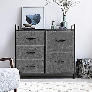 AZL1 Life Concept Wide Dresser Storage Tower with Sturdy Steel Frame, Wood Top, 5 Drawers of Easy-Pull Fabric Bins, Organizer Unit, Dark Grey 3-5
