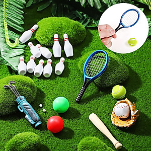 Skylety 23 Pieces Dollhouse Miniature Sports Set Mini Golf Baseball Tennis Bowling Tiny Golf Ball Clubs Ball Bats Racket Mini House Decoration Accessories for Dollhouse Collection Cake Topper Decor
