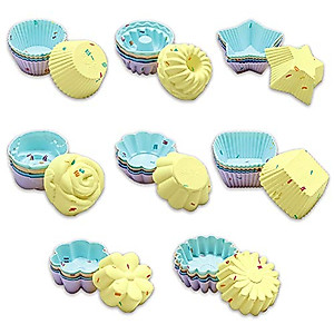 40PCS Silicone Cupcake Baking Cups Set Silicone Baking Cups For Baking, Including 8 Shapes Silicone Muffin Cups Cupcake Molds (Round, Square, Star, Sunflower, Rose, Chrysanthemum, Flower, Pumpkin)