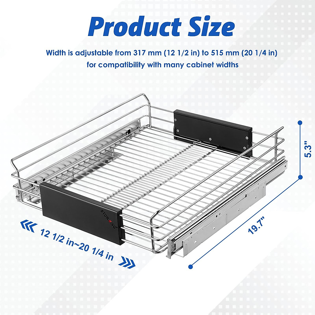 One Tier Expandable Pull Out Kitchen Cabinet Organizer,12.5" W X 19.7" D X 5.3”H,Easily Adjustable Width from 12.5" to 20.2" ,Slide Out Kitchen Cabinet Storage Shelves ,Wire Frame,Chrome Finish
