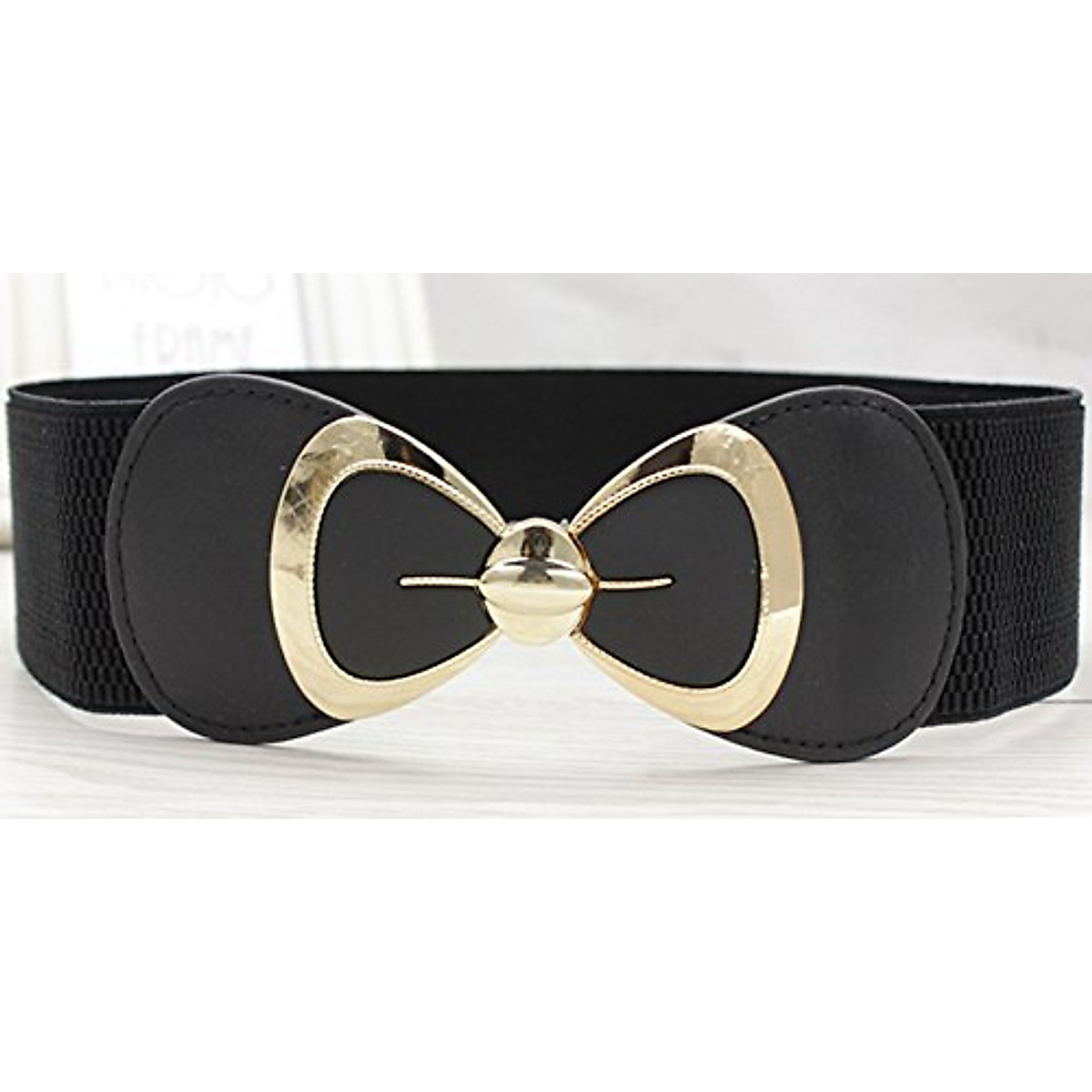 X&F Women's Elegant PU Bowknot Stretch Wide Belt Dress Decorative Waistbelts Black