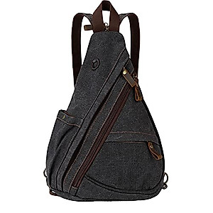 AONETIGER Small Canvas Black Sling Crossbody Backpack Shoulder Bag, Vintage Casual Daypack bag with Leather For Men Women Cycling Hiking Travel