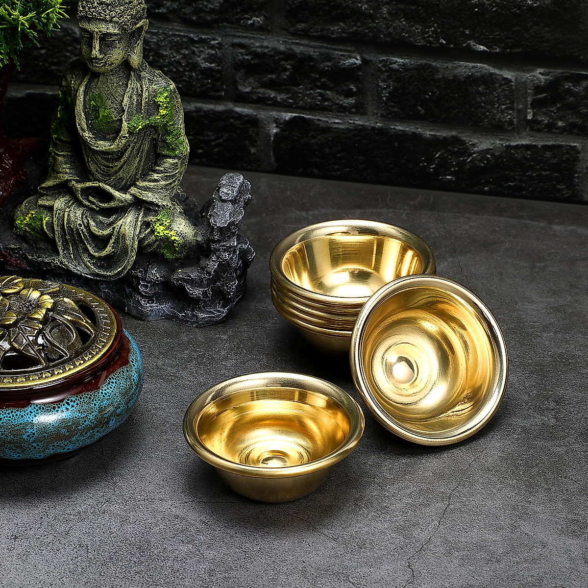 Alipis Yoga Accessories Tibetan Bowl Tibetan Bowl 21 Pcs Copper Offering buddhist offering cup Water Offering Bowl Offering Cup Bowl Set Buddhist Tibetan Bowl Altar Bowl Yellow Decor