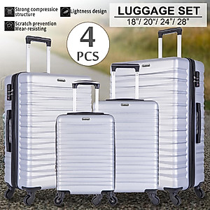 Apelila 4 Piece Luggage Sets, Expandable Hardshell ABS Luggage Sets with TSA Lock Spinner Wheels Travel Suitcases Set (4 PCS, Silver)