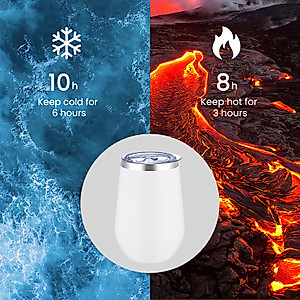 MEWAY 12oz Insulated Wine Tumbler - Double Wall Stainless Steel Stemless Glasses with Lids, Wine cups, Gift for Family and Gifts, Prizes for adults(White,1)