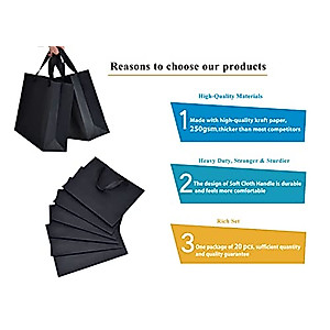 HUAPRINT Black Paper Bags,Shopping bags with Ribbon Handles,20Pcs,10.6x8.3x3.1,Craft Gift Bags for Clothes,Bulk Lunch Bags,Retail Bags,Party Favor Bags,Merchandise Business Bags,Wedding Bags