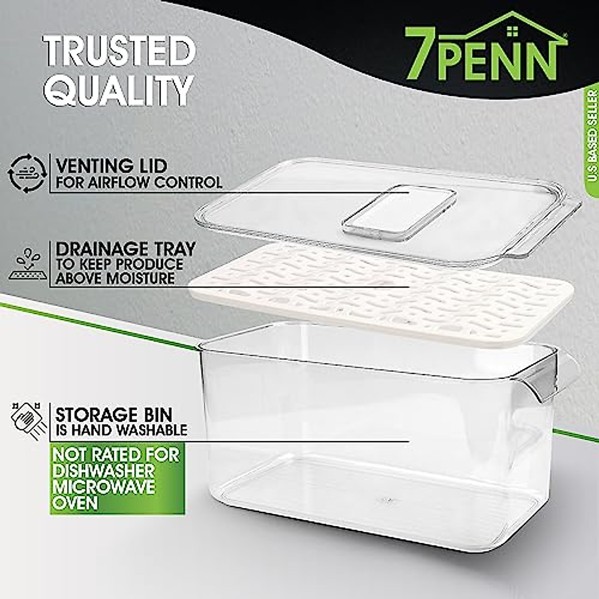 7Penn Produce Storage Containers for Refrigerator 3 Pack with Lids - Stackable Acrylic Fruit and Vegetable Keeper Bins for Fridge - Clear Stay Fresh Cube Produce Saver Set for Lettuce, Berries, Apples