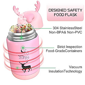 Kids Water Bottle-13 Oz Lunch Container Leak Proof Thermal Flask With Folding Spoon,Double Walled Thermos (Pink)