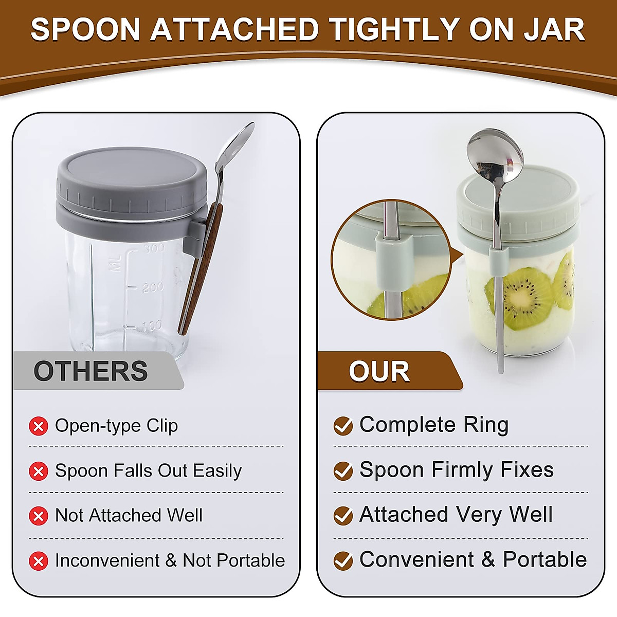 LANDNEOO 2 Pack Overnight Oats Containers with Lids and Spoons, 16 oz Glass Mason Jars for Overnight Oats, Large Capacity Airtight Jars for Milk, Cereal, Fruit (Beige+Green)