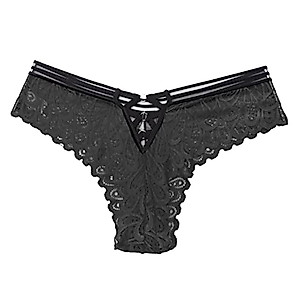 Sofishie Triple Crisscross Rings V-Back Floral Lace Panties - Black - Large