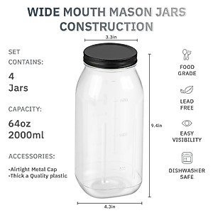 novelinks 4 Pack 64 OZ Plastic Wide Mouth Mason Jars with Airtight Lids - Wide Mouth Half Gallon Large Mason Jar 64 OZ Storage Canning Jar for Kitchen & Household Storage (Black)