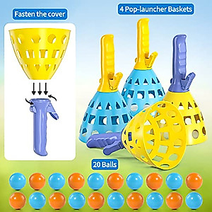 TEMI Pop Pass Catch Ball Game with 4 Catch Launcher Baskets and 20 Balls, Beach Toys Backyard Outdoor Indoor Game Age 3 4 5 6 7 8 9 10+ Years Old Boys Girls Kids Adults Family Christmas Easter Gifts