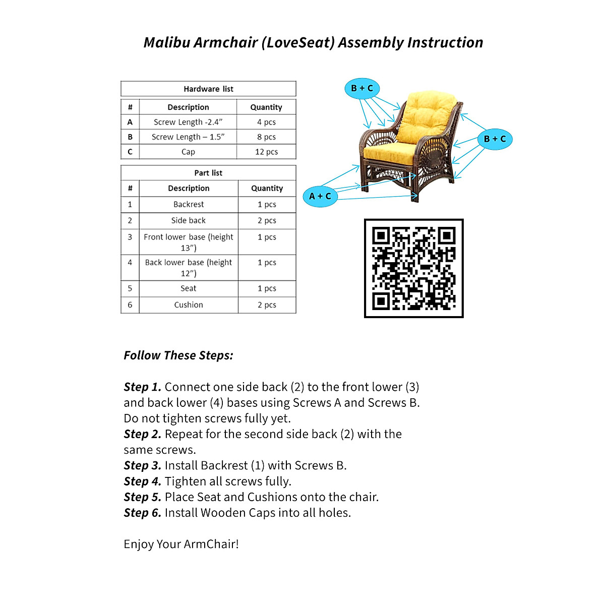 Malibu Lounge Set of 4: 2 Natural Rattan Wicker Chairs, Loveseat with Light Brown Cushions and Coffee Table w/Glass Handmade, White Wash
