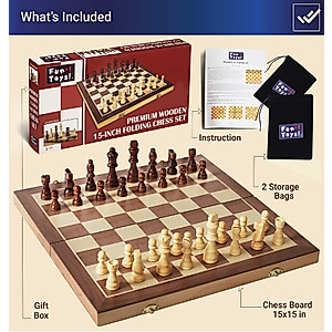Fun+1 Toys! Wooden Chess Set for Adults and Kids, 15" Portable Chess Board Set with Chess Pieces & Drawstring Bag