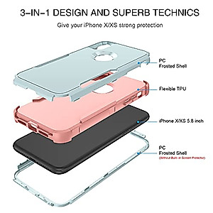 BENTOBEN iPhone X Case, iPhone Xs Case, 3 in 1 Heavy Duty Rugged Hybrid Hard PC Soft TPU Bumper Shockproof Non-Slip Protective Cases Cover for iPhone X (2017) / iPhone Xs (2018) 5.8 Inch, Green/Pink