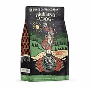 Bones Coffee Company Highland Grog Flavored Ground Coffee Beans Butterscotch Caramel Flavor | 12 oz Medium Roast Arabica Low Acid Coffee | Gourmet Coffee (Ground)