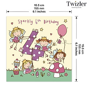 TWIZLER Fairy Princess 4th Birthday Card, 6.1 x 6.1 in, Sparkly Theme, Envelope Included