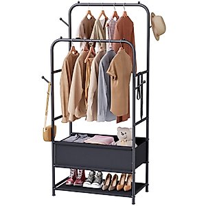 Furologee Double Rods Clothing Garment Rack with Storage Box,Clothing Rack for Hanging Clothes with 4 Side Hooks,Metal Frame Wardrobe Clothes Organizer for Bedroom,Living Room,Black