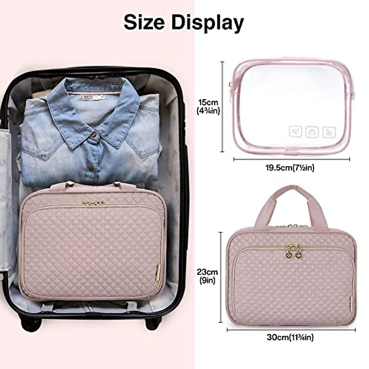 MIZATTO Toiletry Bag for Women, Hanging Travel Makeup Bag Organizer with TSA Approved Transparent Cosmetic Bag for Full Sized Toiletries, Makeup Brushes, Travel Accessories