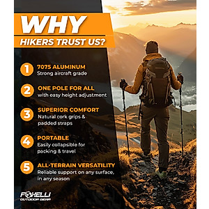 Foxelli Hiking Poles – Lightweight & Collapsible with Comfortable Cork Grips, Easily Adjustable for All Heights, Includes Carry Bag and Accessories