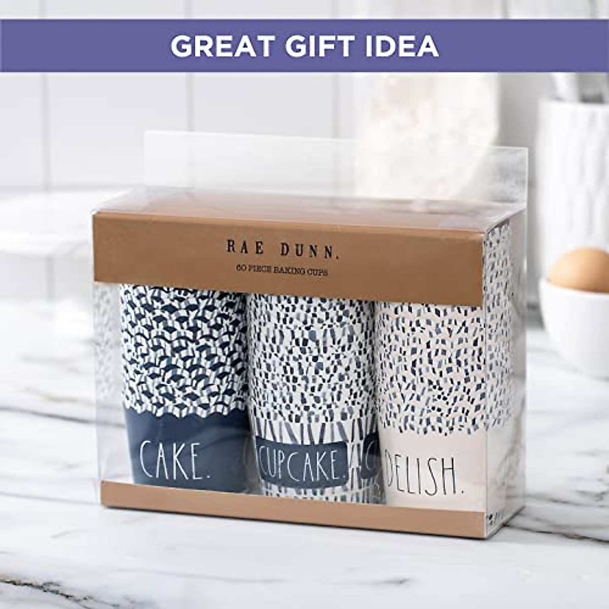 Rae Dunn Paper Cupcake Baking Cups - 60 Pack 6 Oz Greaseproof and Oven Proof Disposable Large Cupcake Liners and Muffin Cups - For Birthdays, Parties and Baby Showers (Cake/Cupcake/Delish)