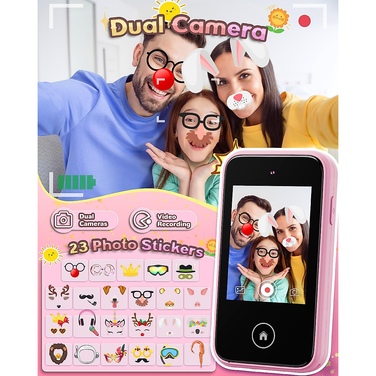 shiningstone Kids Toy Phone, Toddler Phones with MP3 Music Player, Dual Camera, Flashlight, Timer, Calculator, Habit Recorder, Kids Smart Phone for Girls and Boys 3-8 Years-Pink