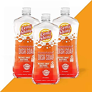 Lemi Shine Natural Concentrated Liquid Dish Soap - Hard Water Stain Remover - Wash Away Bacteria, Fresh Lemon Scent, 22 Fluid Ounces (Pack of 3)