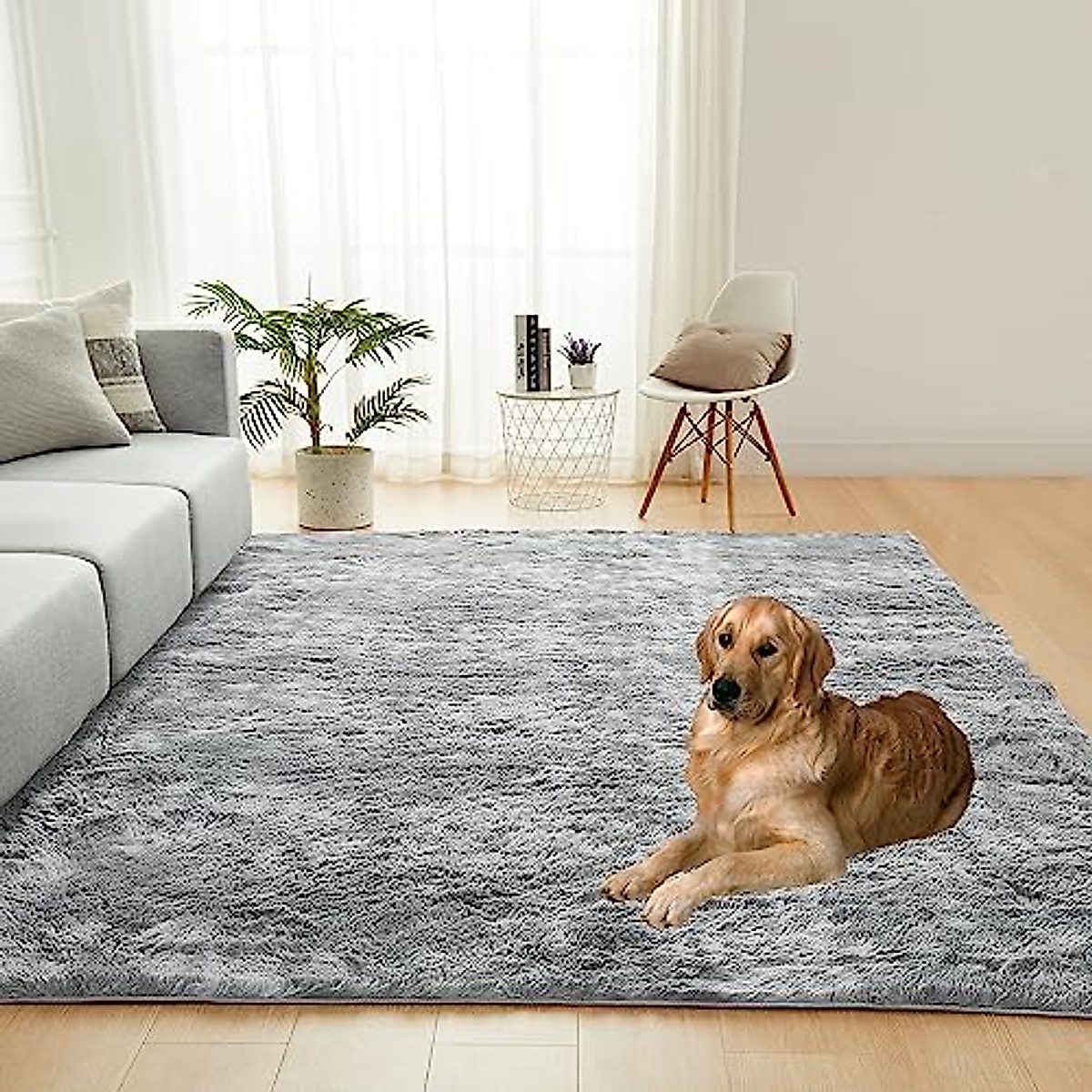 JKMAX Fluffy Shag Rugs for Living Room，Tie-Dyed Light Grey Soft Plush Fuzzy 5x7 Area Rugs for Bedroom Nursery Girls Boys & Kids Room Decor，Upgrade Anti-Skid Large Carpet for Home Decor Aesthetic